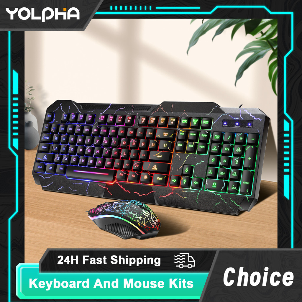 Jual Gaming Keyboard and Mouse Set Wired RGB Backlight Crack Rainbow ...
