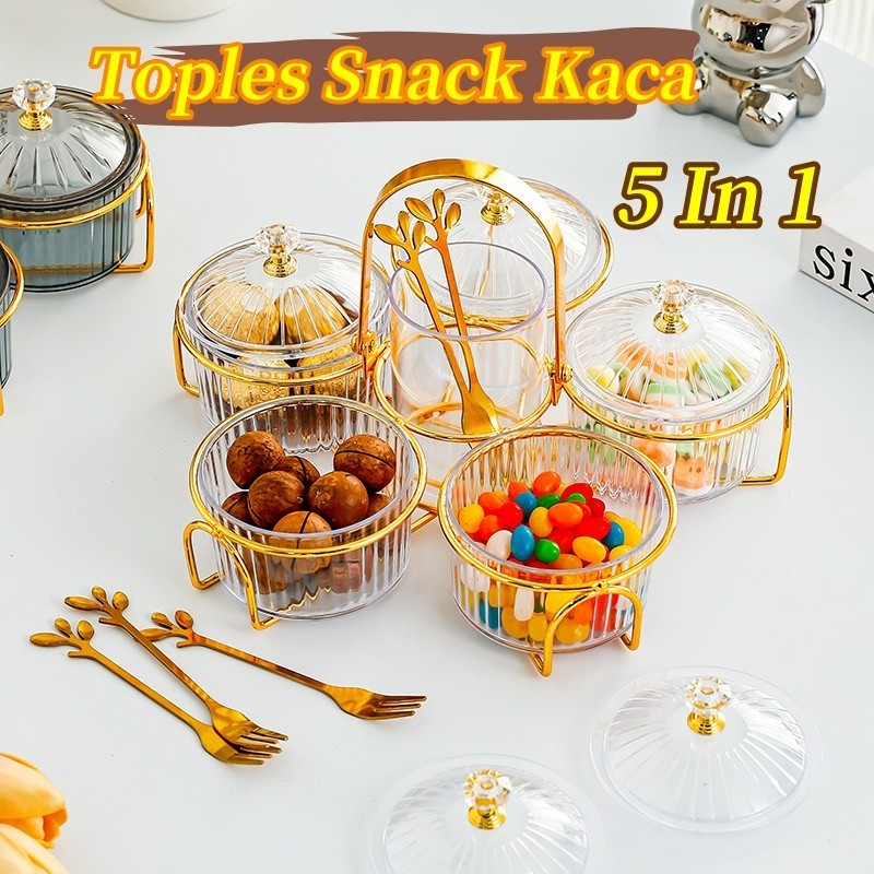 Jual 5 In 1 Toples Snack Kaca/ Snack Toples Bulat Kaca With Fork ...
