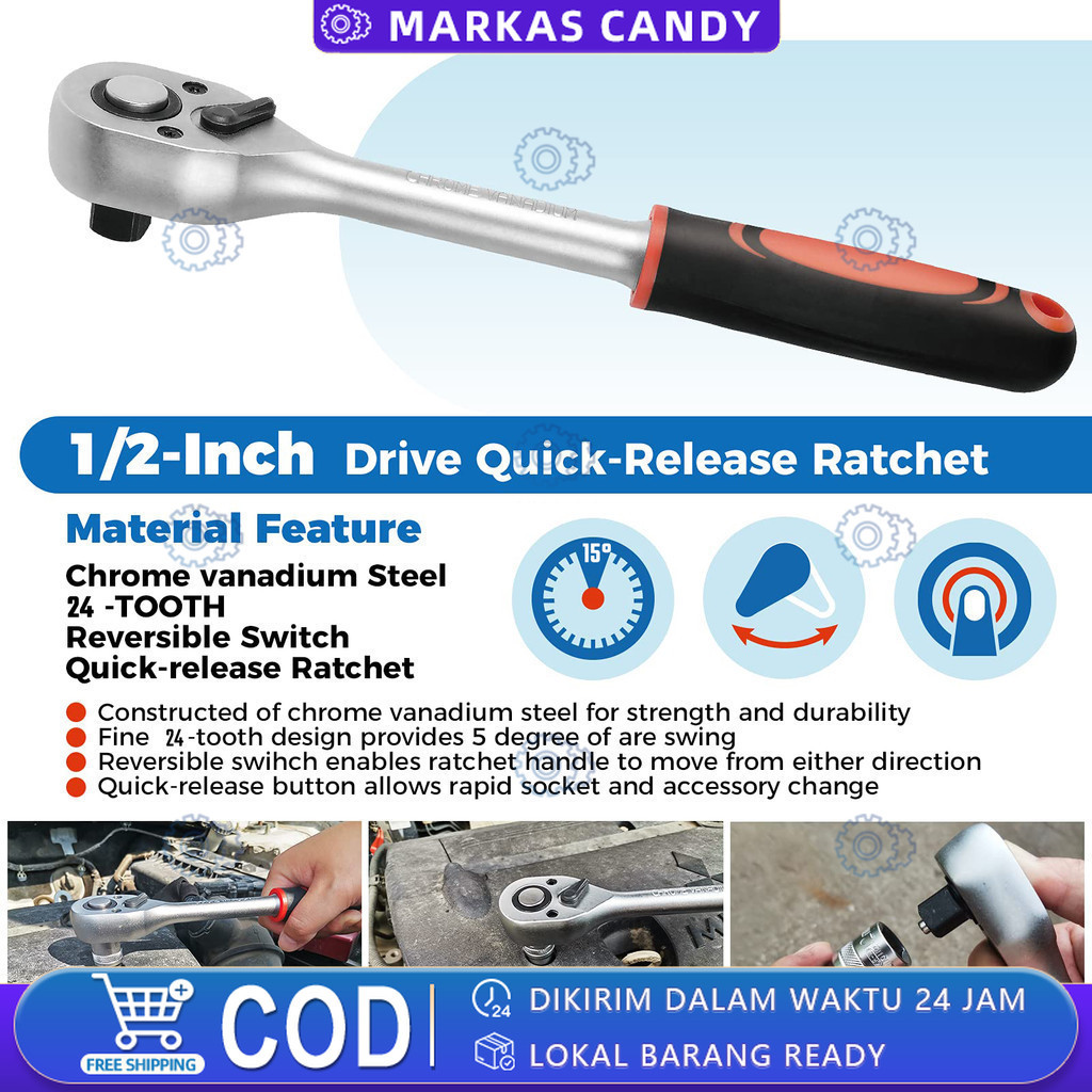 Jual Kunci Ratchet Ratchet Wrench 24 Gerigi 1/2 inch Chrome / Socket ...
