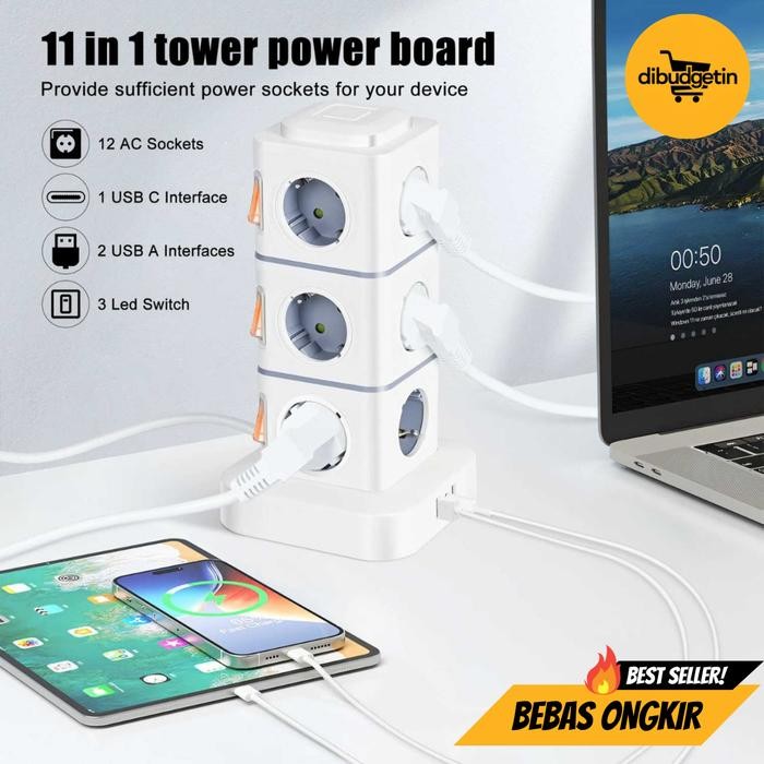Jual Stop Kontak Power Socket Strip Tower Colokan Listrik 2500W - NINNE ...