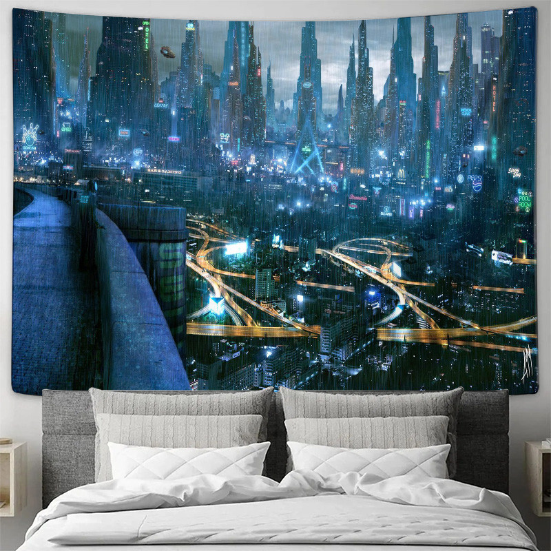 Jual Rainy Futuristic Cityscape Tapestry Wall Hanging Art Decor for ...