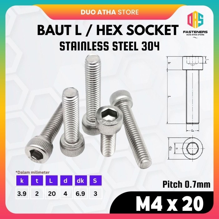 Jual Baut L M4x20 Stainless Steel 304 / Hex Socket Screw Bolt M4 x 20 ...