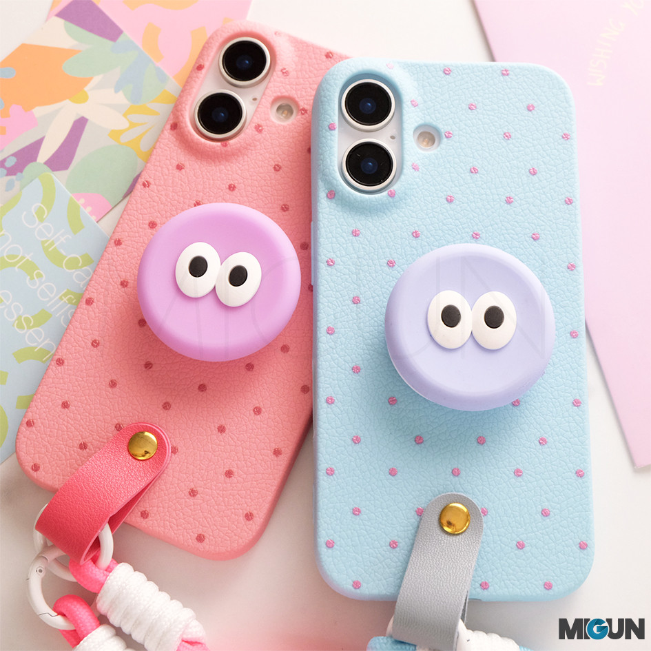 Jual Polkadot Big Eyes Leather Phone Case + Pop Socket & Hand Strap ...