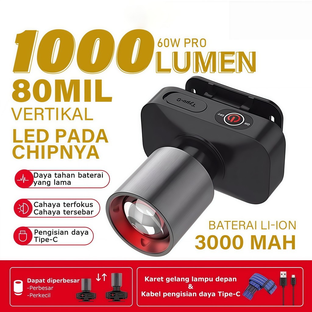 Jual 【Garansi 2 tahun】 Headlamp LED 500W Penerangan terus menerus selama 800 H senter super ...