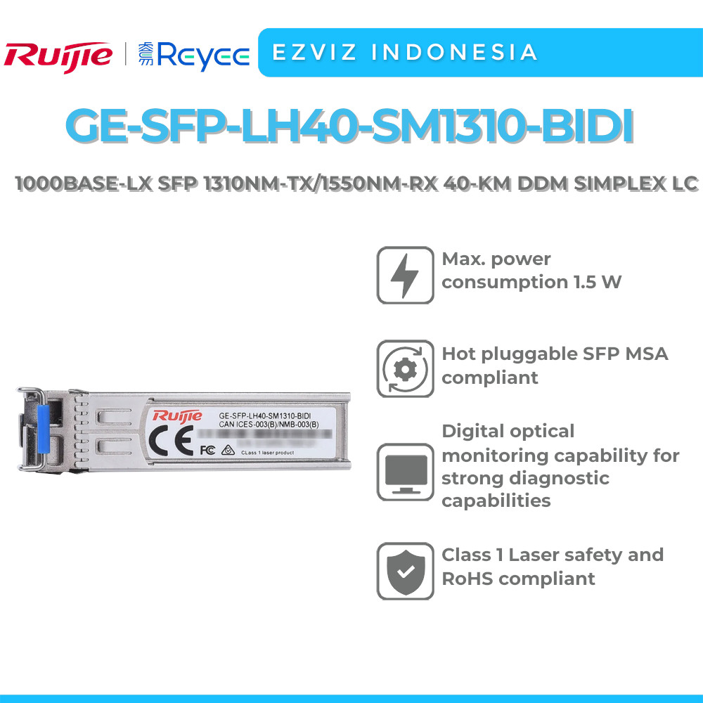 Jual RUIJIE REYEE GE-SFP-LH40-SM1310-BIDI 1000BASE-LX SFP 1310NM-TX/1550NM-RX 40-KM DDM SIMPLEX ...