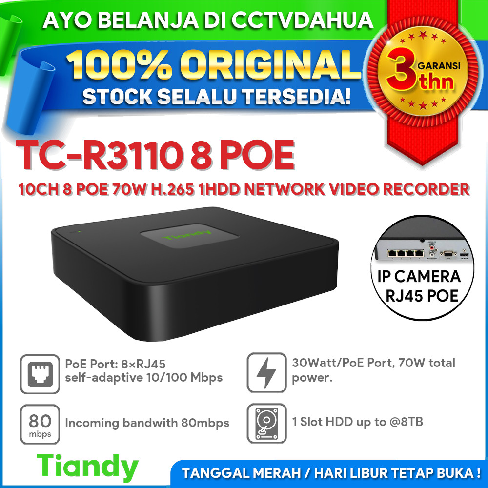 Jual TIANDY TC-R3110 NVR POE 10CH 8 PORT POE 70W 1HDD UP TO 6MP GARANSI RESMI | Shopee Indonesia