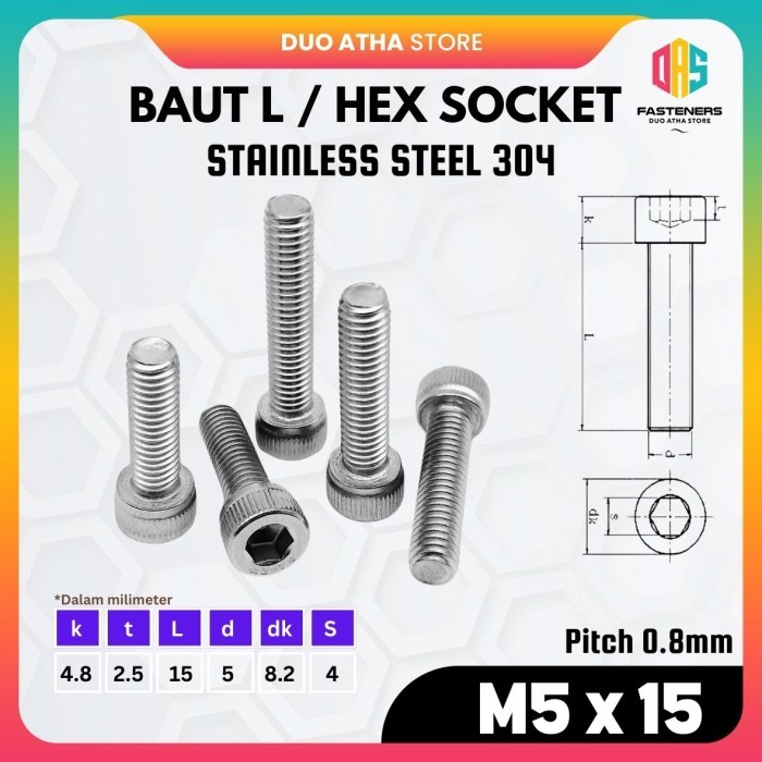 Jual Baut L M5x15 Stainless Steel 304 / Hex Socket Screw Bolt M5 x 15 SS304 | Shopee Indonesia