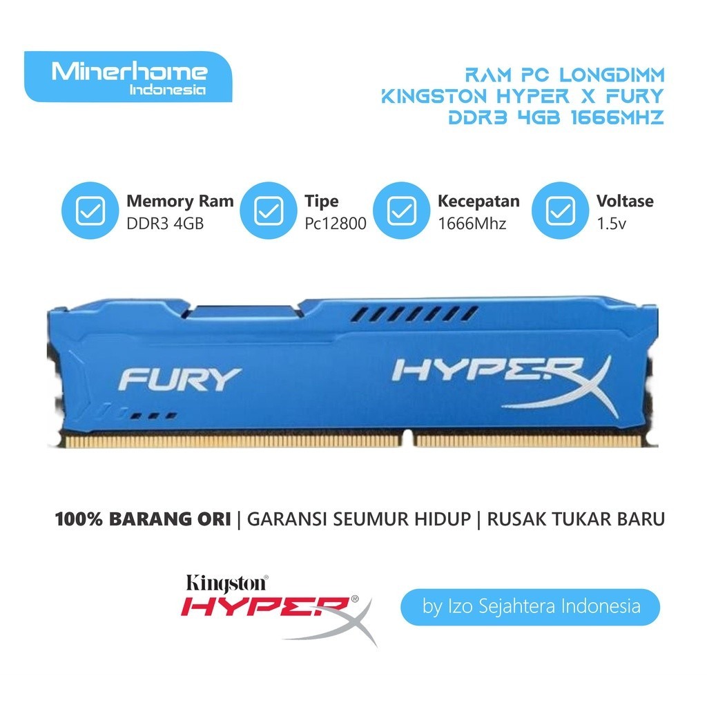 Jual Memory RAM PC Hyper X Fury Longdimm DDR3 4GB PC12800 1666Mhz ...