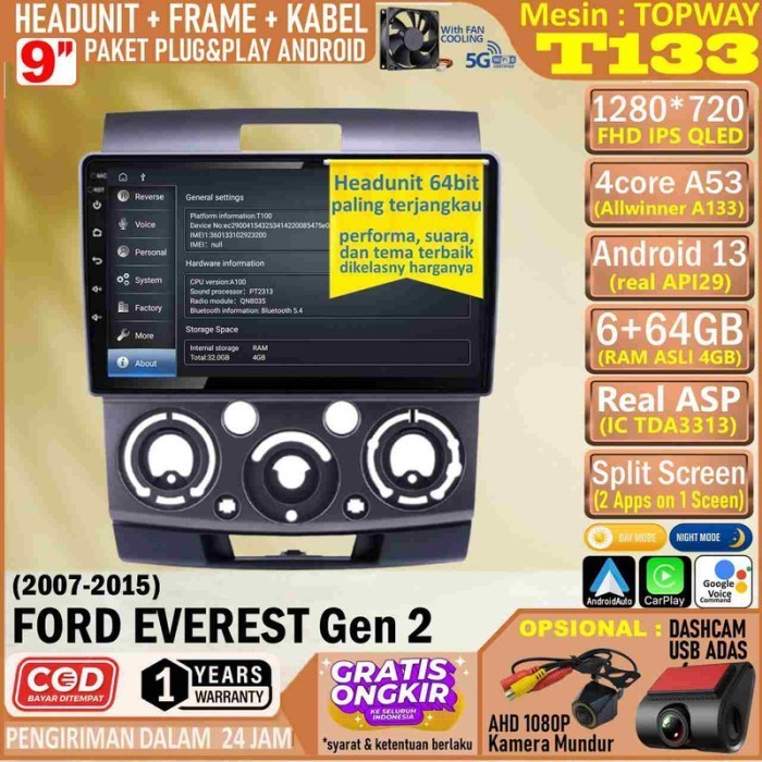 Jual Paket Headunit Android 9 inch + Frame + Soket PNP Ford Everest Gen 2 Topway T133 RAM 6GB ...