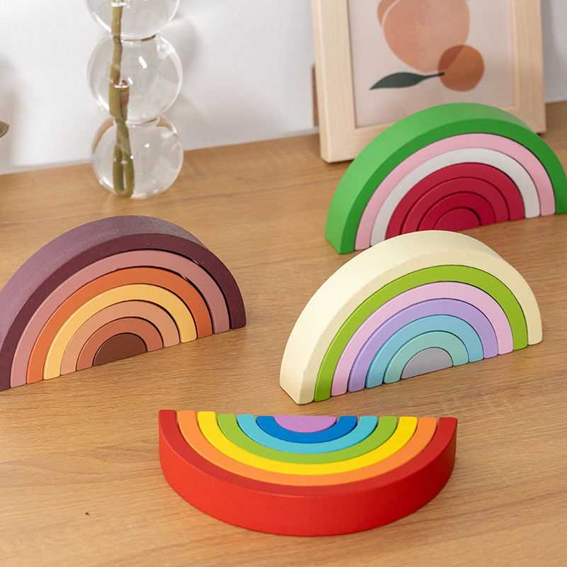 Jual Arch Bridge Rainbow Wooden Building Blocks Stacking Games Color ...