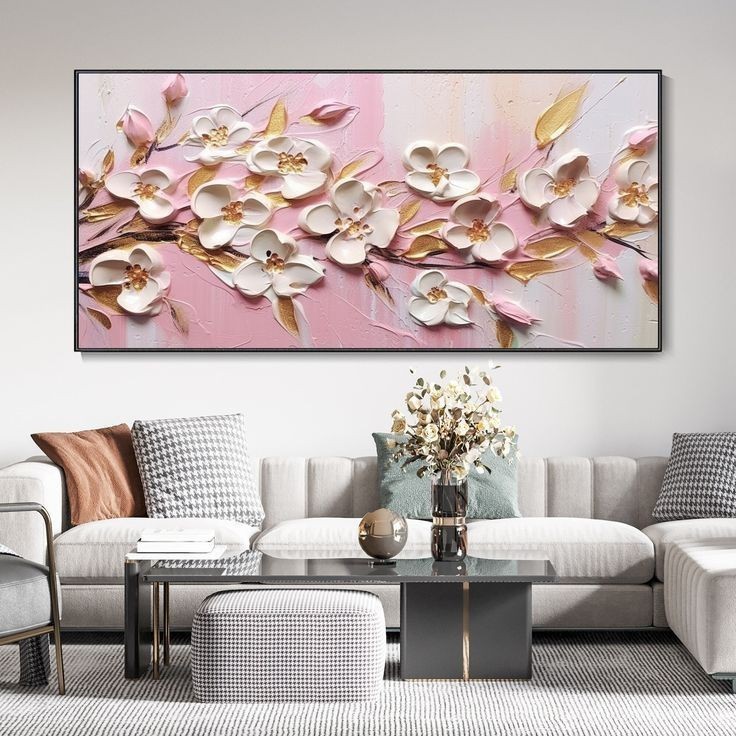 Jual Lukisan Bunga Mawar Background Pink Teksture Modern art Estetik ...
