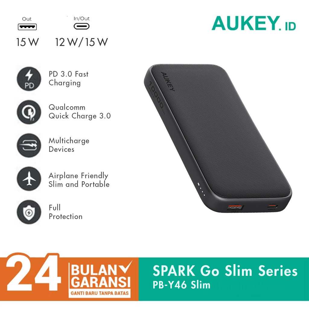 Jual AUKEY Slim Powerbank 10000 mAh Dual Port USB A & C 15W PD 3.0 Quick Charge Portable Y46 ...