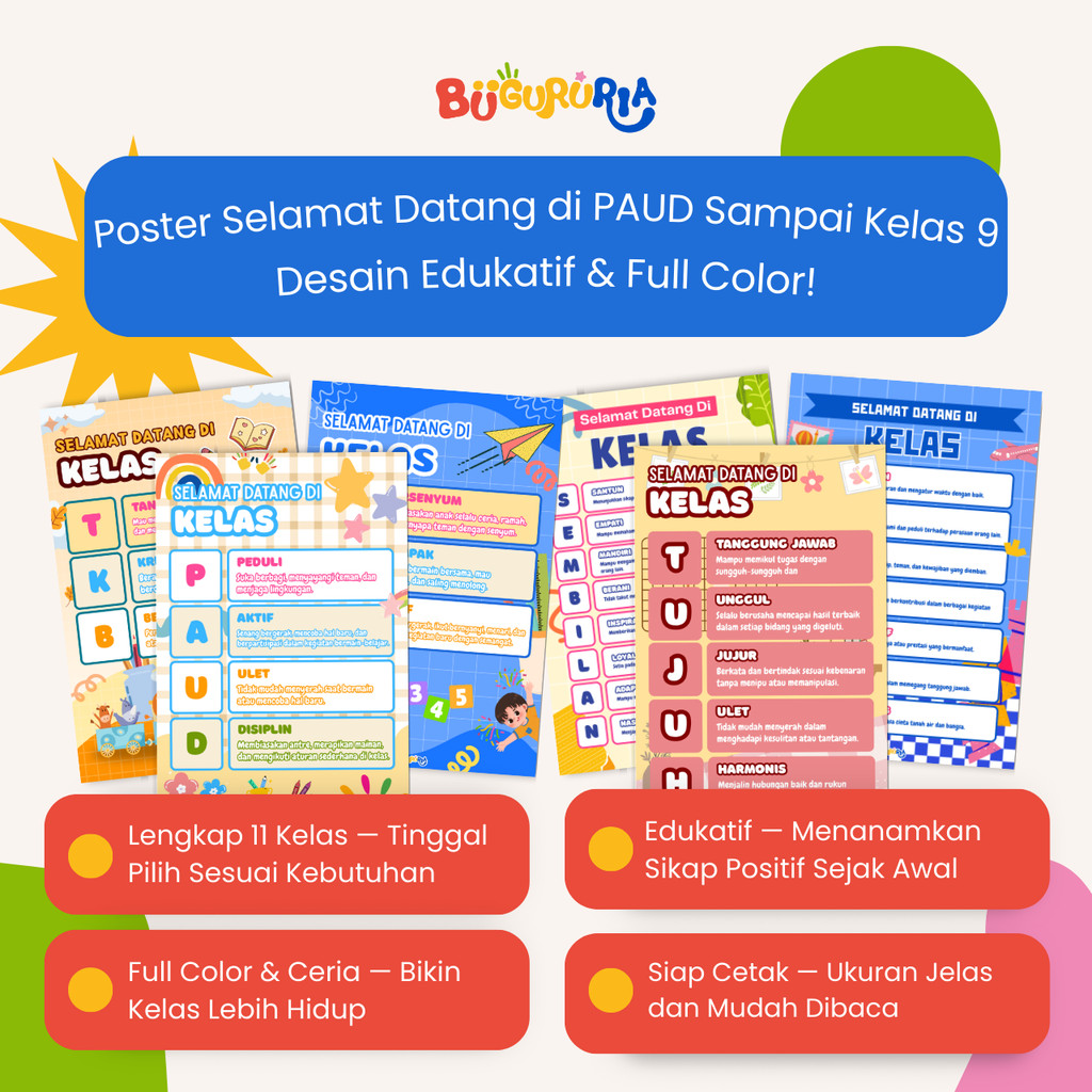 Jual Bu Guru Ria - Poster Selamat Datang di Kelas Mulai Kelas Paud sampai Kelas 9 Ukuran A3 ...