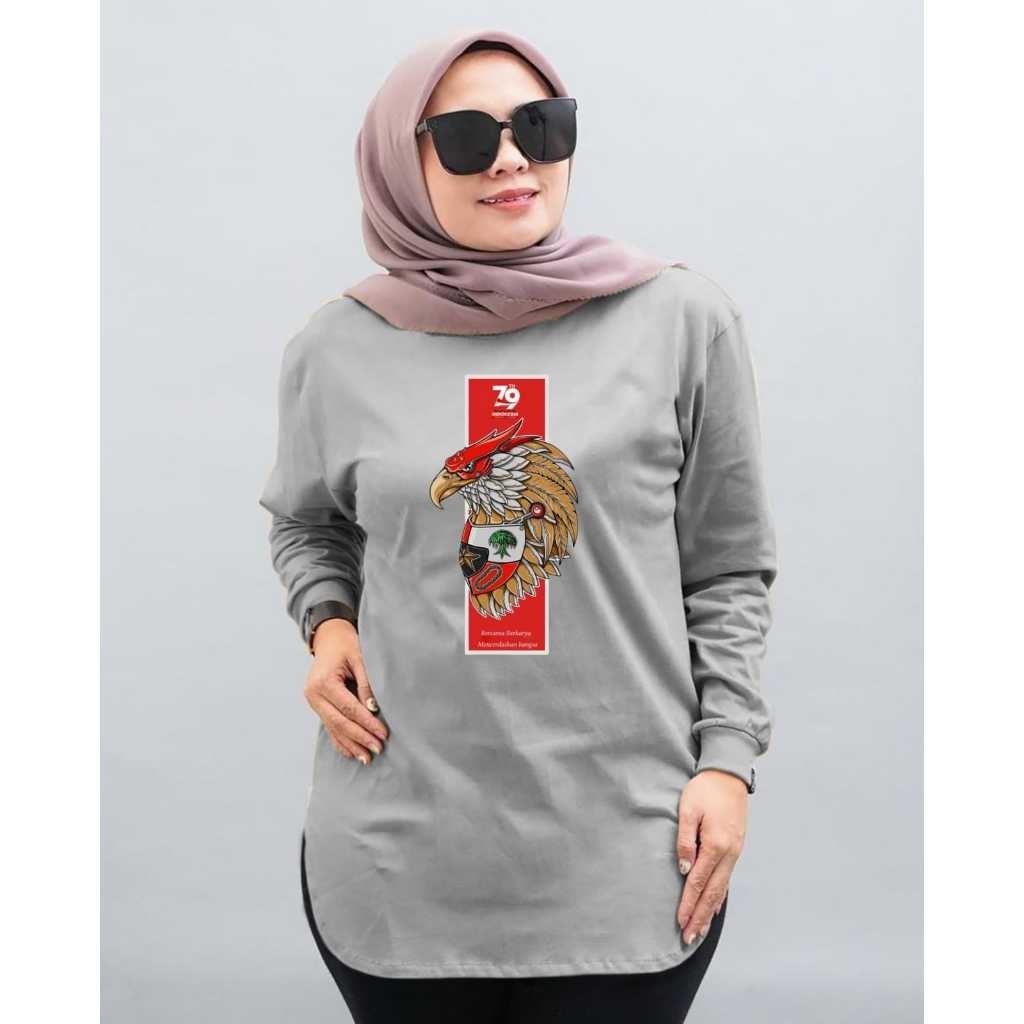 Jual Kaos Wanita Semitunik Model Oval Kemerdekaan Hut RI 79 TH 2024 Lengan Panjang Gambar Prin ...