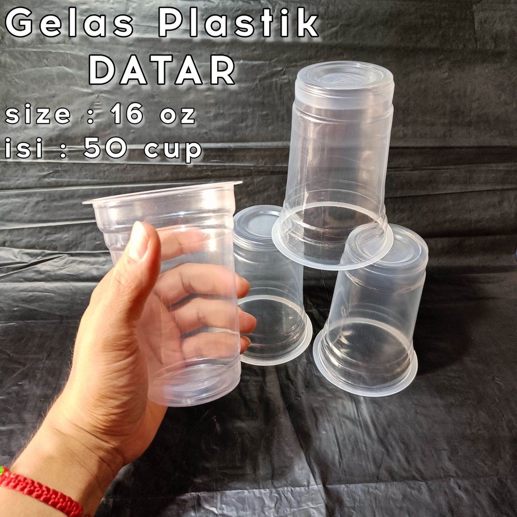 Jual Gelas plastik Datar ukuran 16 oz [isi 50 cup] / gelas plastik ...