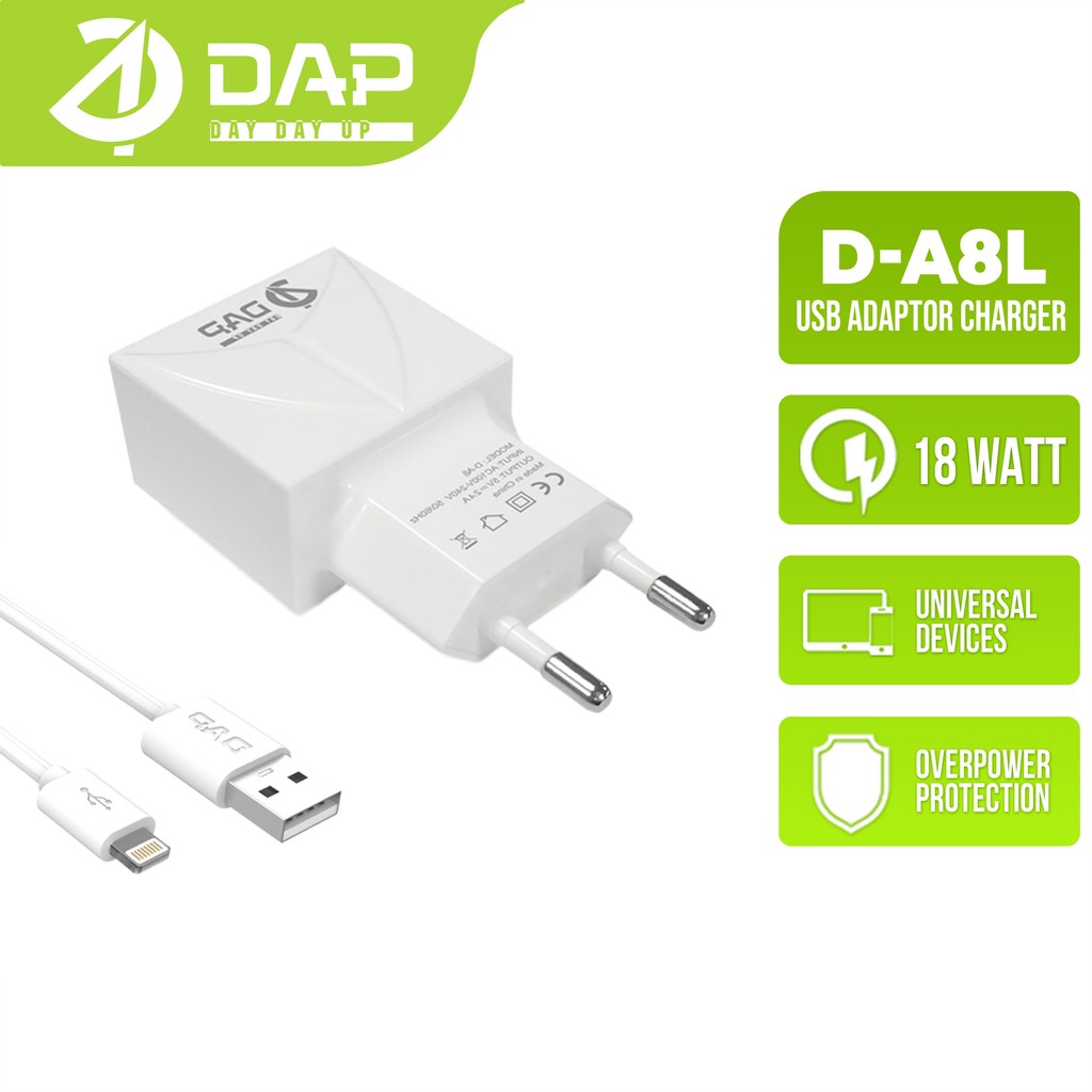 Jual DAP D-A8L Fast Charger 2.4 A PD 18 Watt Includes USB to Lightning Fast Charging Cable - 1 ...