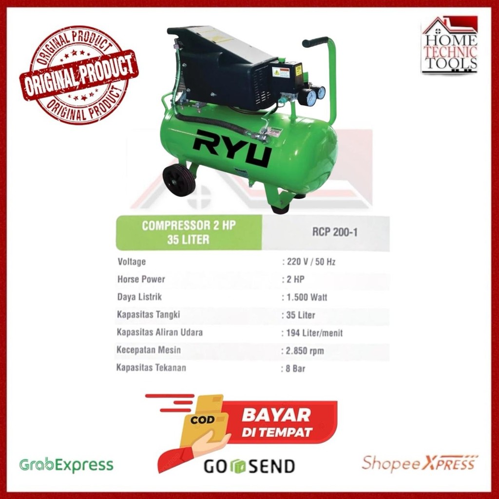 Jual RYU MESIN COMPRESOR / KOMPRESOR 35 LITER 2HP-1 / RCP 200-1 ALAT PERTUKANGAN MESIN KOMPRESOR ...