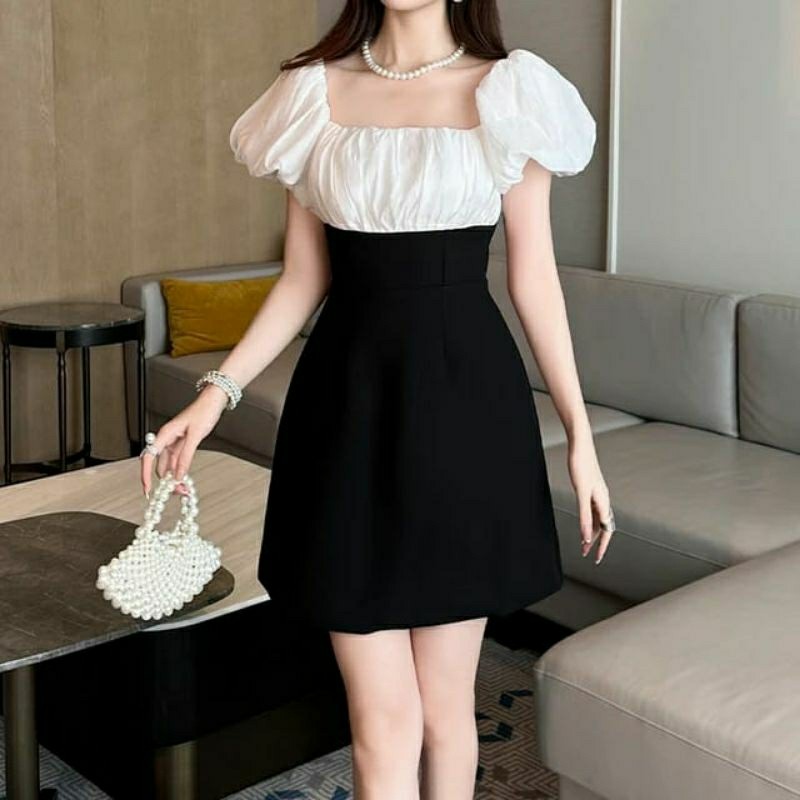 Jual gaun pesta mini dress kombinasi Korean style / gaun pesta bahan ...