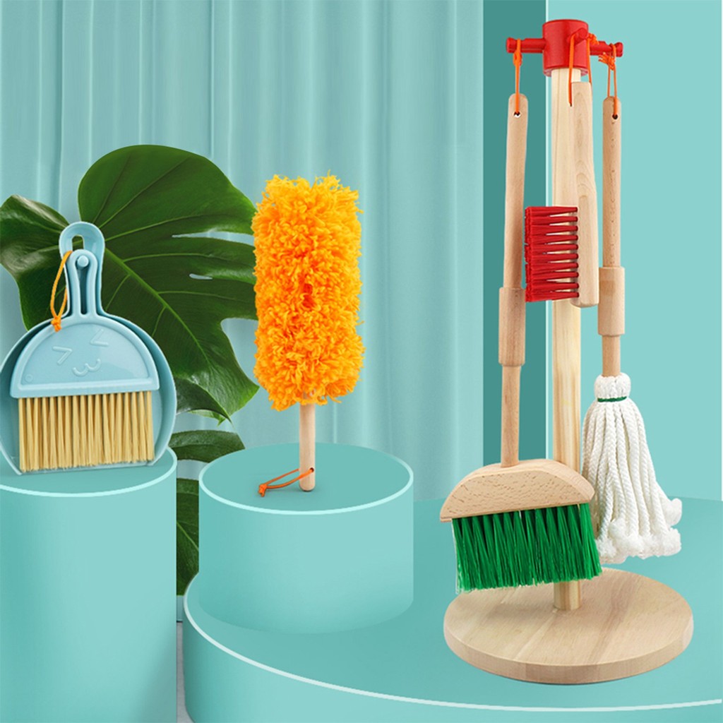 Jual BEDW-6 Pcs Children Pretend Play Wooden Broom Mop Cleaning Tool ...
