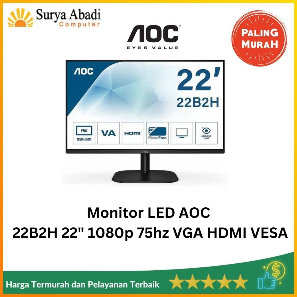 Jual Monitor AOC 22 inch | Monitor LED AOC 22B2H 22" 1080p 75hz VGA ...
