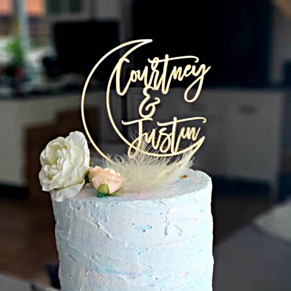 Jual Personalised Mr & Mrs Wedding Moon Cake Topper Custom Name Rustic ...