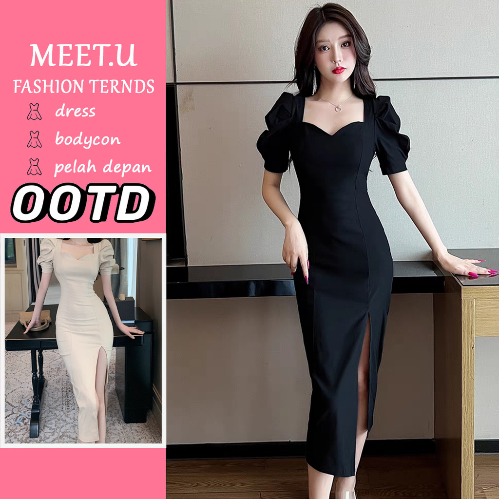 Jual MEET.U Dress Terusan Dengan Lengan Puff Pinggang Ketat Belahan ...