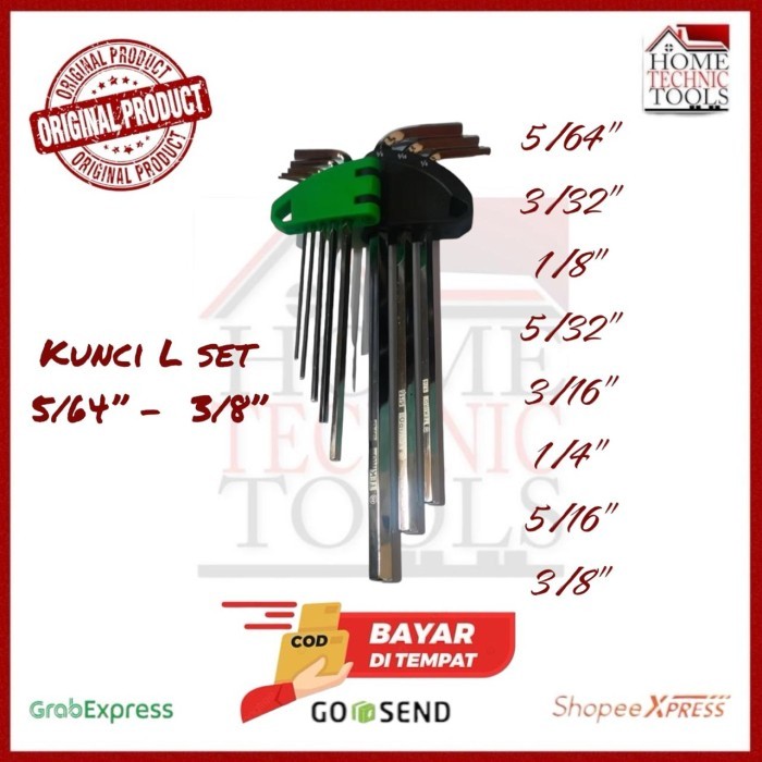 Jual TEKIRO KUNCI L PANJANG SET 8 PCS UKURAN INCH / 5/64" - 3/8" / HEX ...