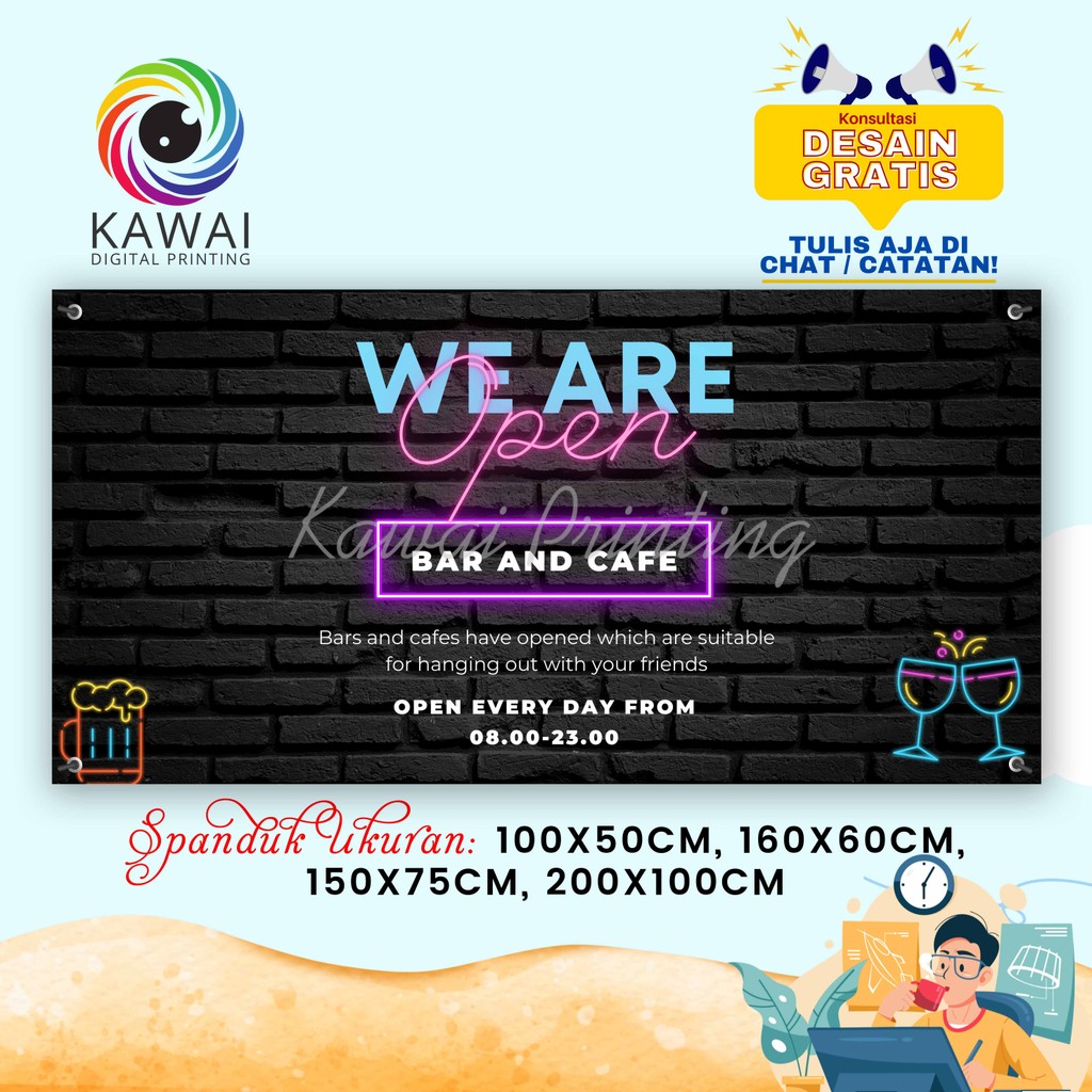 Jual SPANDUK / BANNER Cafe Buka Cafe Dan Bar Hitam Free Desain | Shopee ...