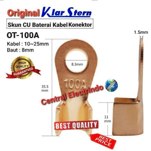 Jual Skun Kabel CU KlarStern OT-100A Kabel 10~25mm Baut 8mm Baterai Kabel Konektor. | Shopee ...