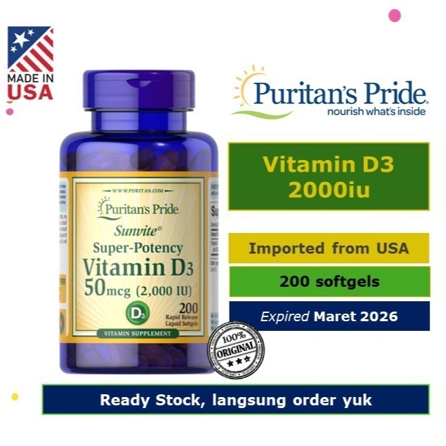 Jual Puritan’s Pride Vitamin D3 50 mcg 2000iu, isi 100/200 Softgels | Shopee Indonesia