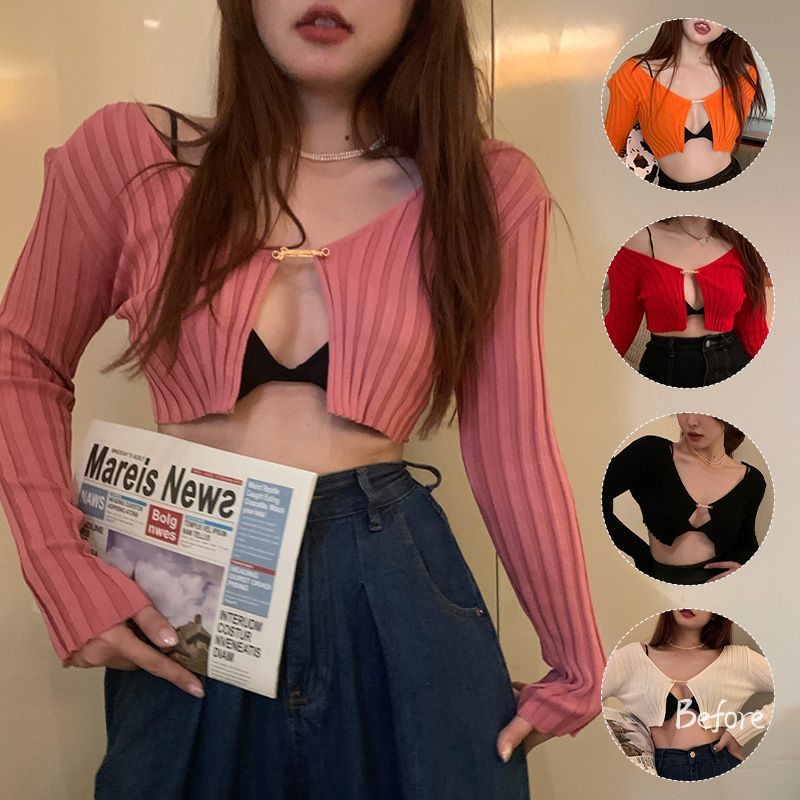 Jual Korean Kardigan Wanita Rajut Crop Lengan Panjang Sexy Casual Top BF | Shopee Indonesia