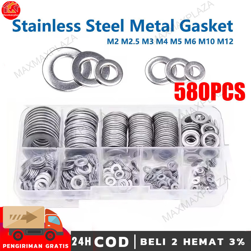 Jual 580 pcs / Box 304 Stainless Steel Gasket Flat Wafer Washer M2 M2.5 M3 M4 M5 M6 M8 M10 M12 O ...