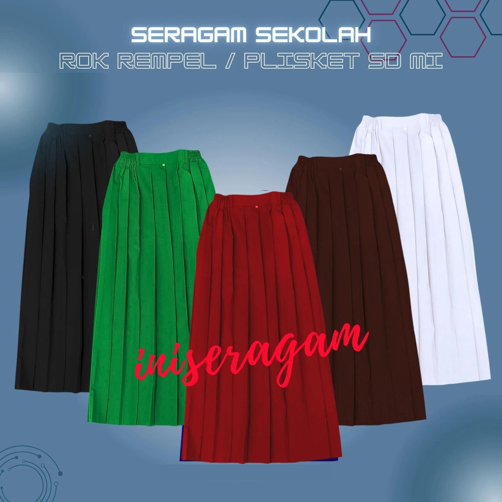 Jual Rok SD MI Panjang Model Lipit Rempel Rimpel Kelas 1-6 Warna Merah Coklat Hijau Putih Hitam ...