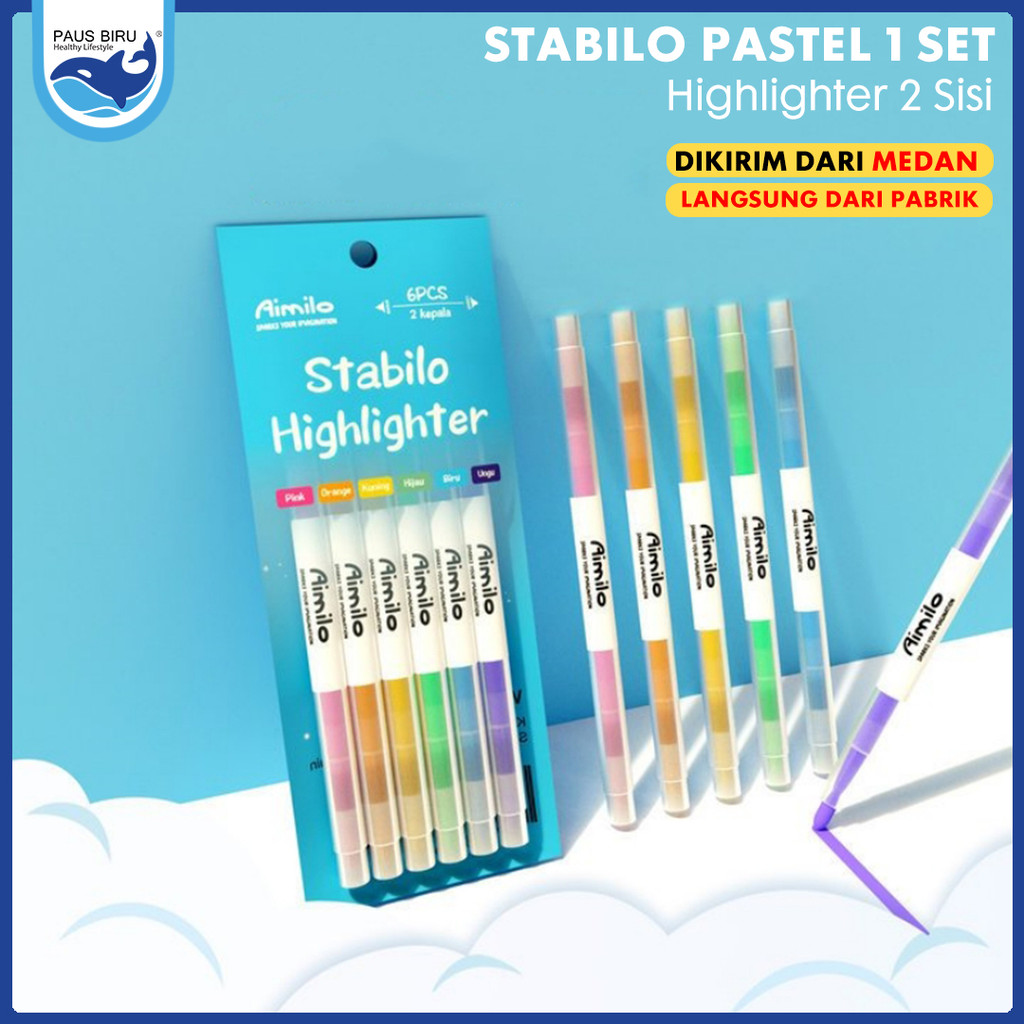 Jual Paus Biru - Stabilo Pastel 1 Set Highlighter 2 Sisi 6 PCS | Shopee ...