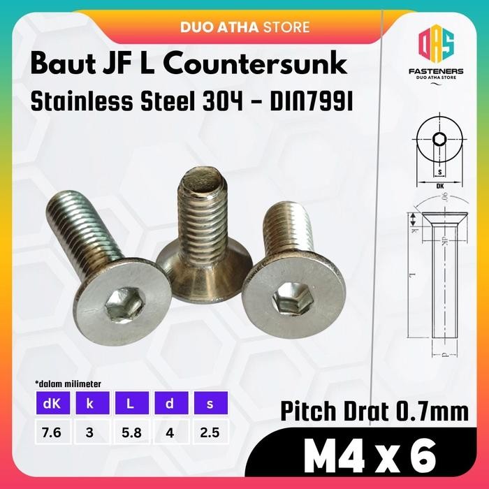 Jual M4x6 Baut JF L M4 x 6 Stainless / Baut Verseng M4 x 6 Stainless / Countersunk M4 x 6 ...