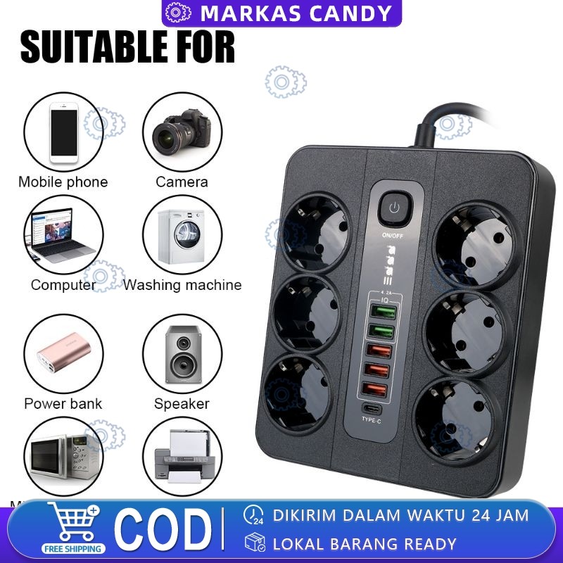 Jual 3000W Power Soket 6 colokan stop kontak Stop Kontak USB Hexagon Socket 5 USB 1A 3000watt ...