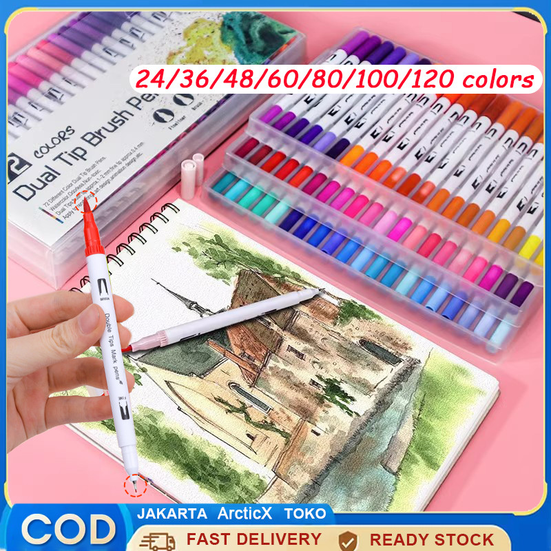 Jual Hightune Spidol Warna Set 24/36/60/100/120 Spidol Brush Pen Double ...