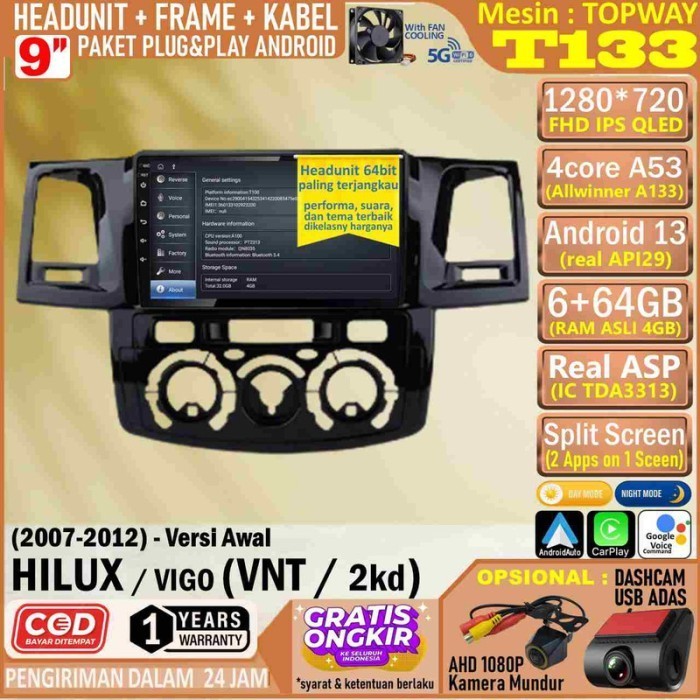 Jual Paket Headunit Android 9 inch + Frame + Soket PNP Toyota Hilux ...