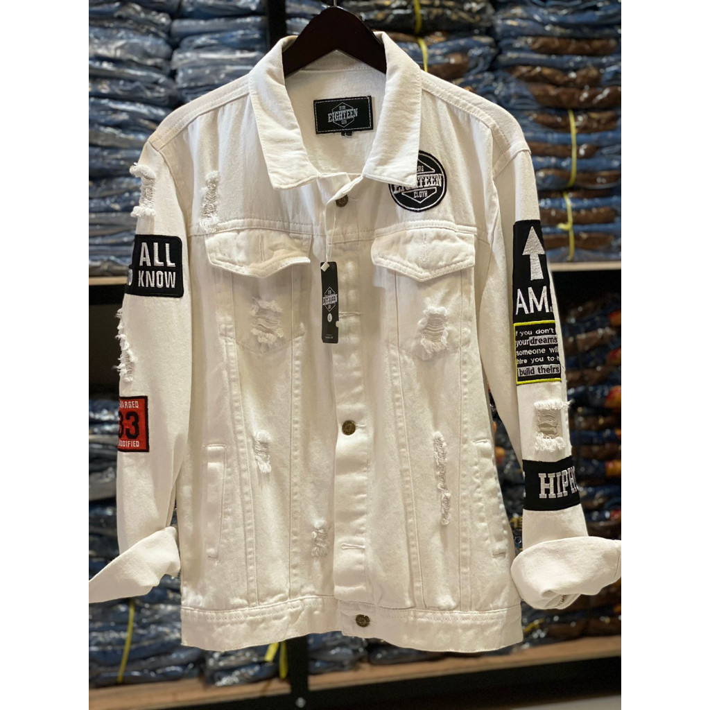Jual JAKET JEANS DENIM HIPHOP PUTIH FULL BAHAN JEANS UNISEX MODEL SOBEK ...
