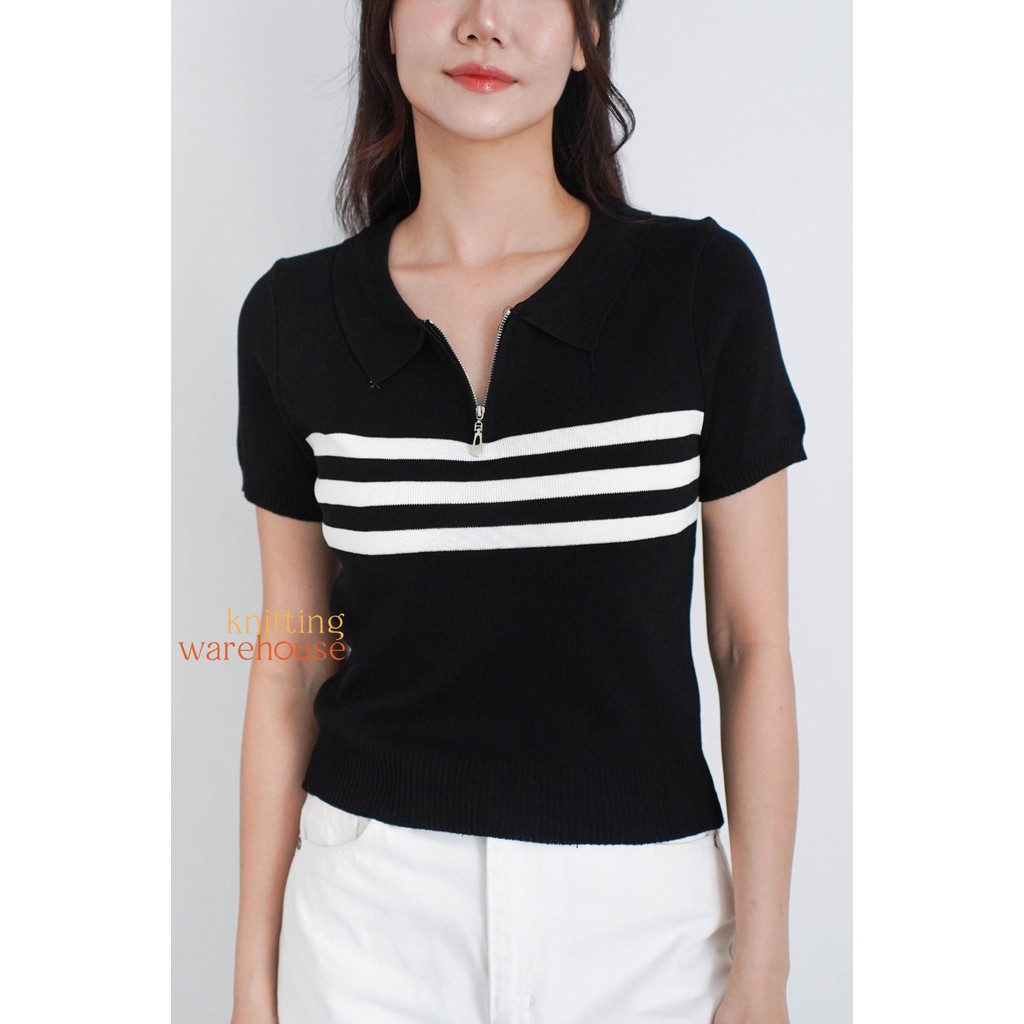 Jual Shila Top Knit Stripes - Atasan Baju Rajut Kerah Wanita TM | Shopee Indonesia