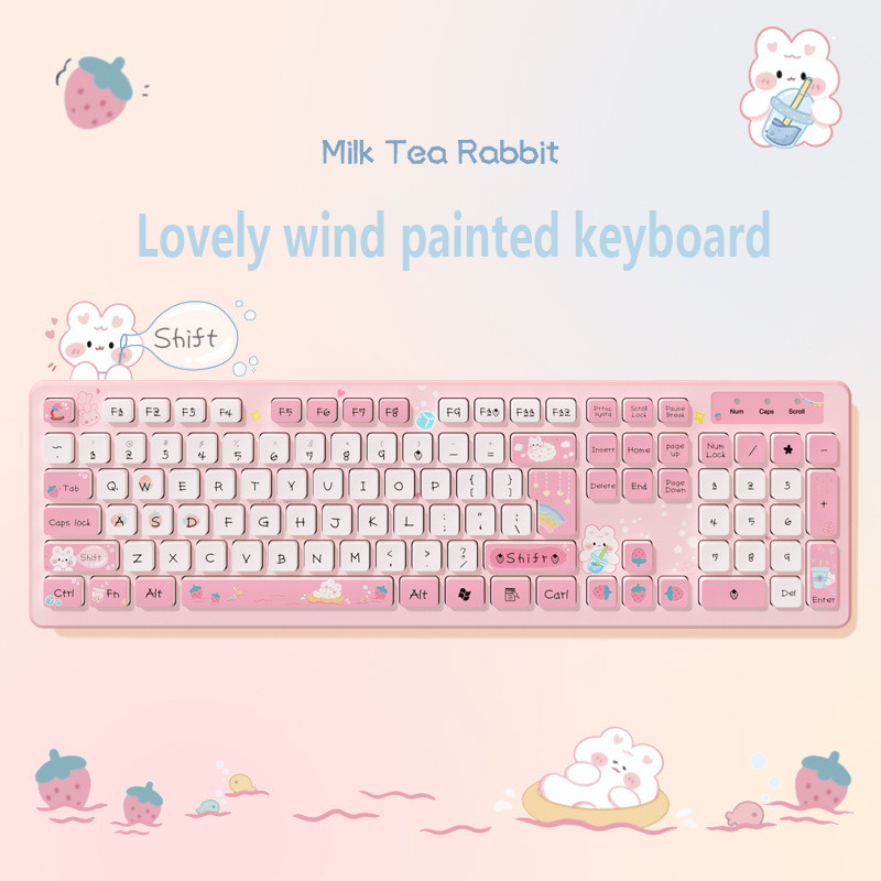 Jual Kawaii wired keyboard milk tea rabbit cute pink cute chocolate ...