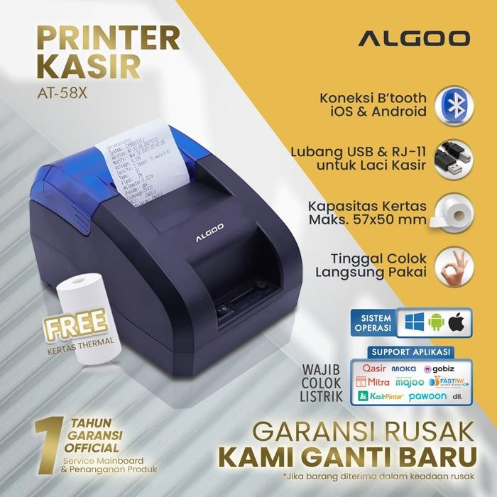 Jual ALGOO - Printer Thermal Struk Nota Kasir Tanpa Tinta Bluetooth USB ...
