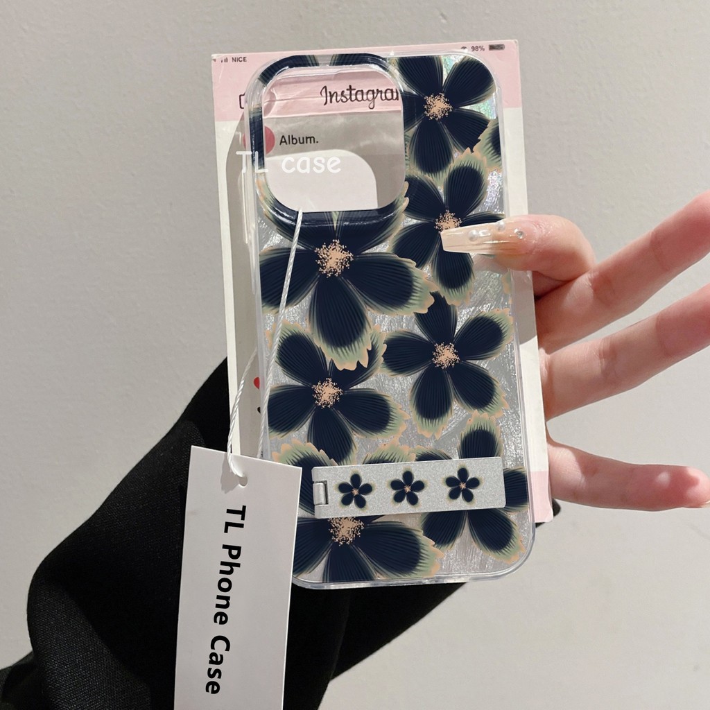 Jual case iPhone 11 Bunga hitam dengan dudukan Casing ponsel cocok ...