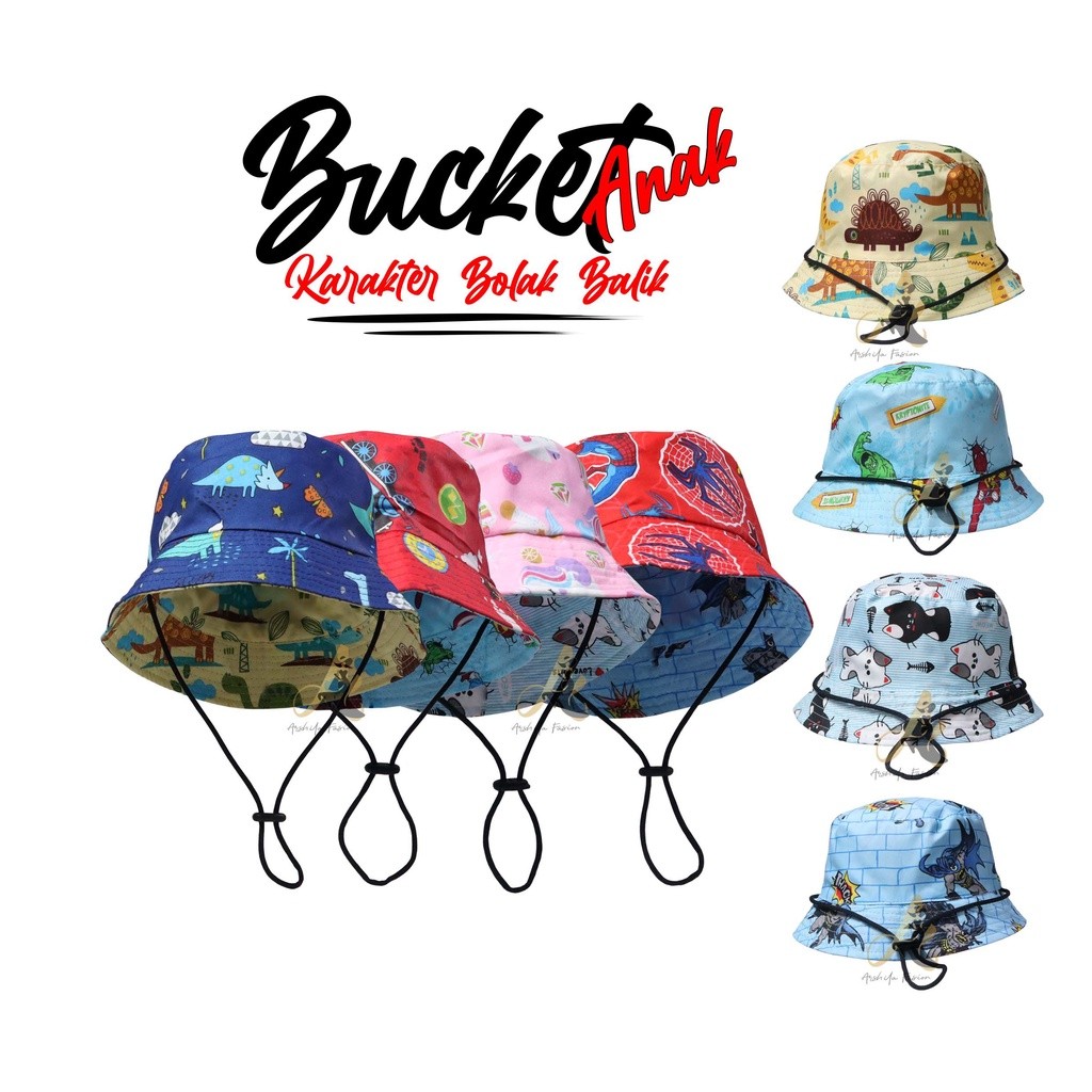 Jual Topi Bucket Anak Karakter Bolak Balik Ada Tali / Bucket Anak Tali ...