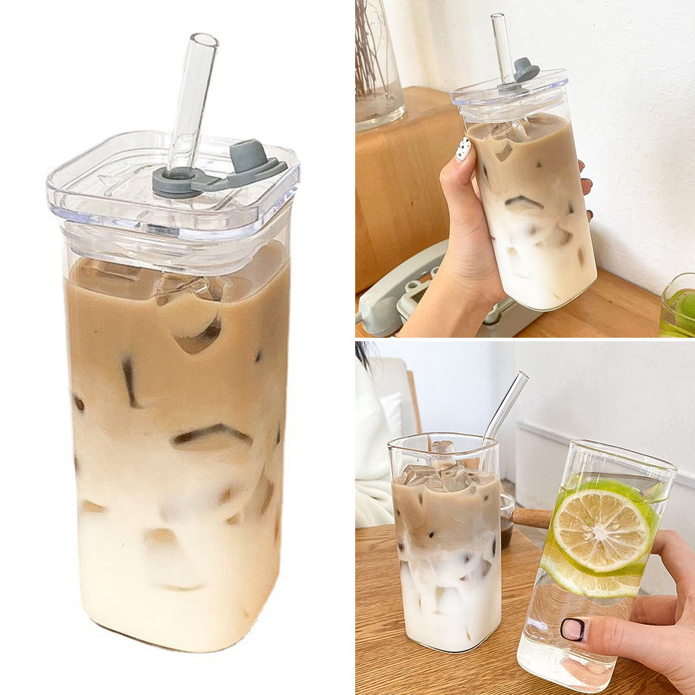 Jual 400ml Cuboid Stripe Glass Cup Transparent Glass with Lid and Straw ...
