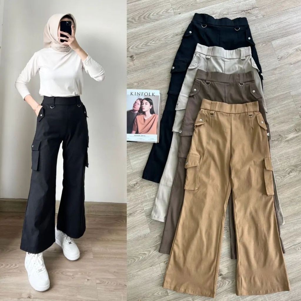 Jual Hargarakyat - Celana Kulot Cargo Highwaist Nancy Semi Flare - Wide ...