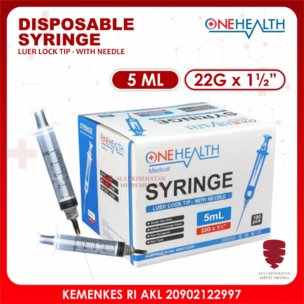 Jual Syringe With Needle 5 ml cc OneHealth Luer Lock Tip Teknik Dengan Jarum Alat Suntikan ...