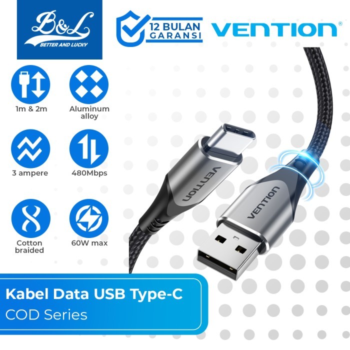 Jual VENTION COD Series Kabel Data USB Type-C 3A 60W Aluminum Alloy ...