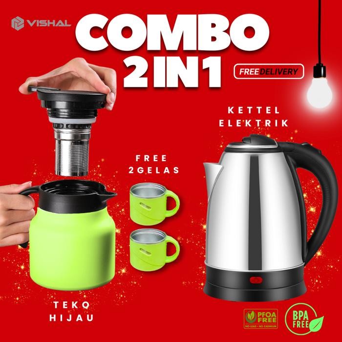Jual VISHAL Paket Combo 2IN1 Teko Teh Tahan Panas + Teko Listrik 2L ...