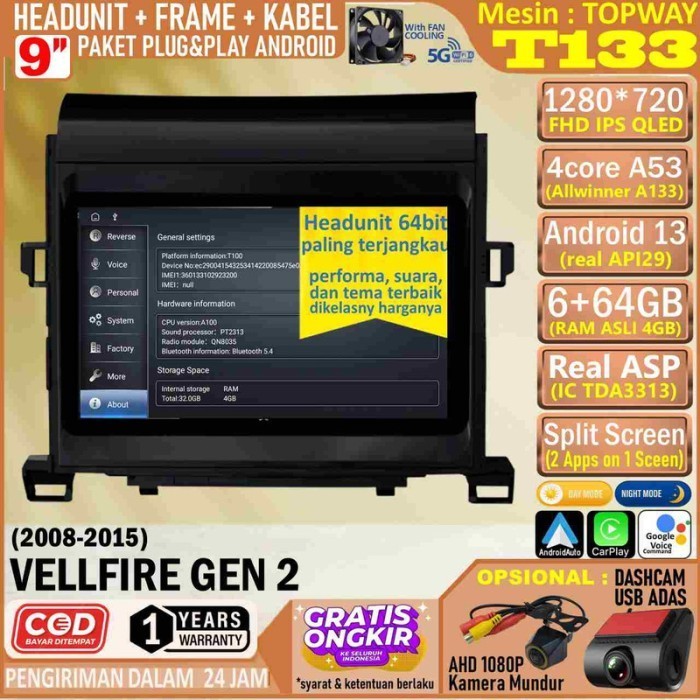 Jual Paket Headunit Android 9 inch + Frame + Soket PNP Vellfire Gen 2 ...